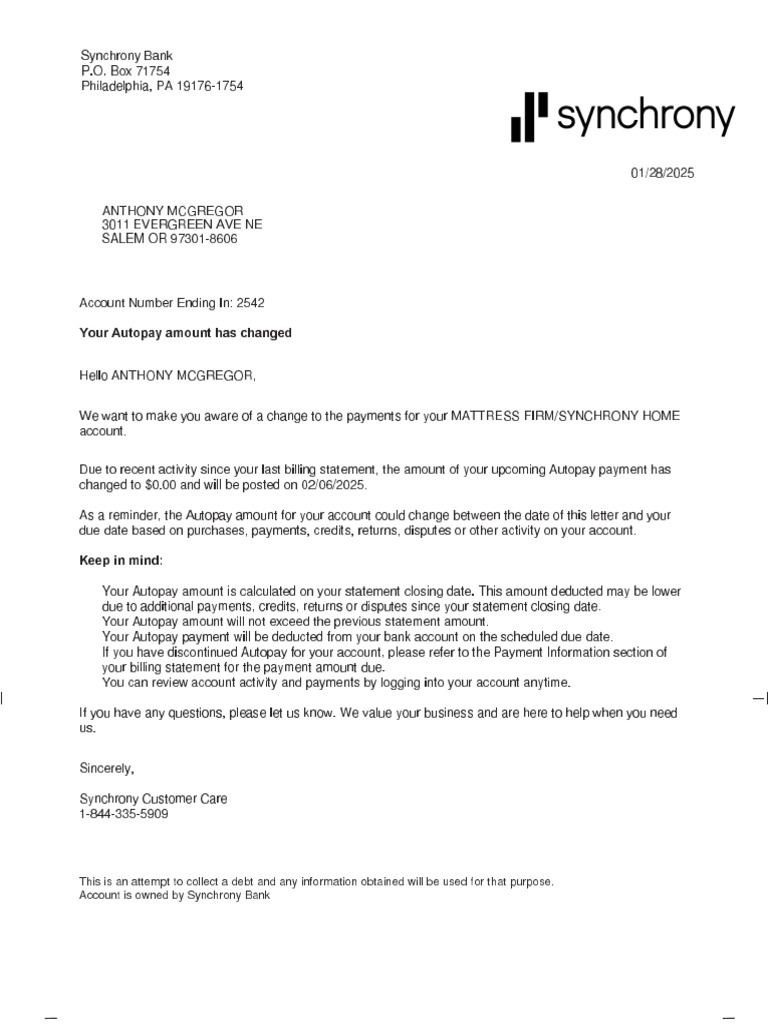 Autopay Change Notification from Synchrony | PDF