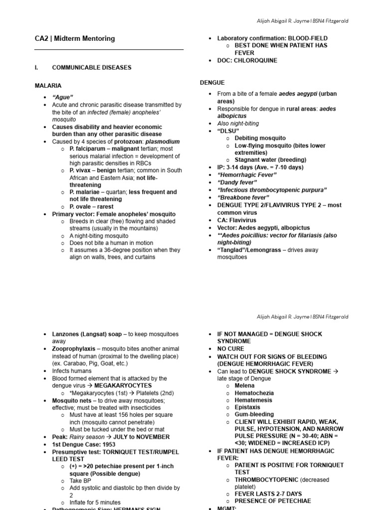 CD, Psych- Ca2 Midterm Mentoring | PDF | Hiv/Aids | Malaria