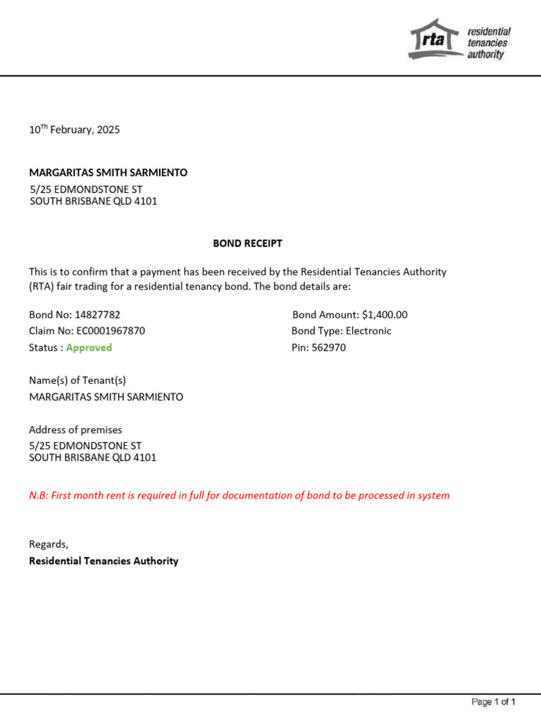 Bond Receipt Confirmation RTA | PDF