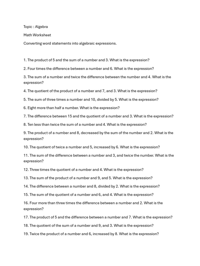Algebra - Word Statements To Expreesions | PDF | Numbers | Arithmetic