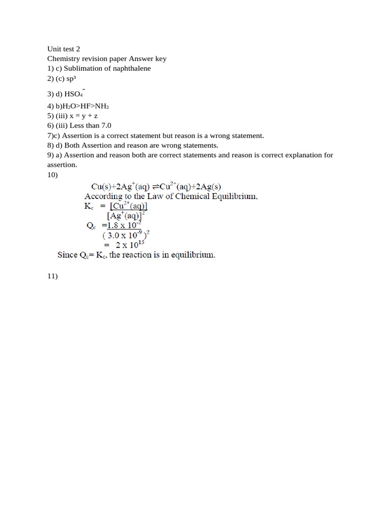 Unit Test 2 Revision Chemistry Answer Key | PDF