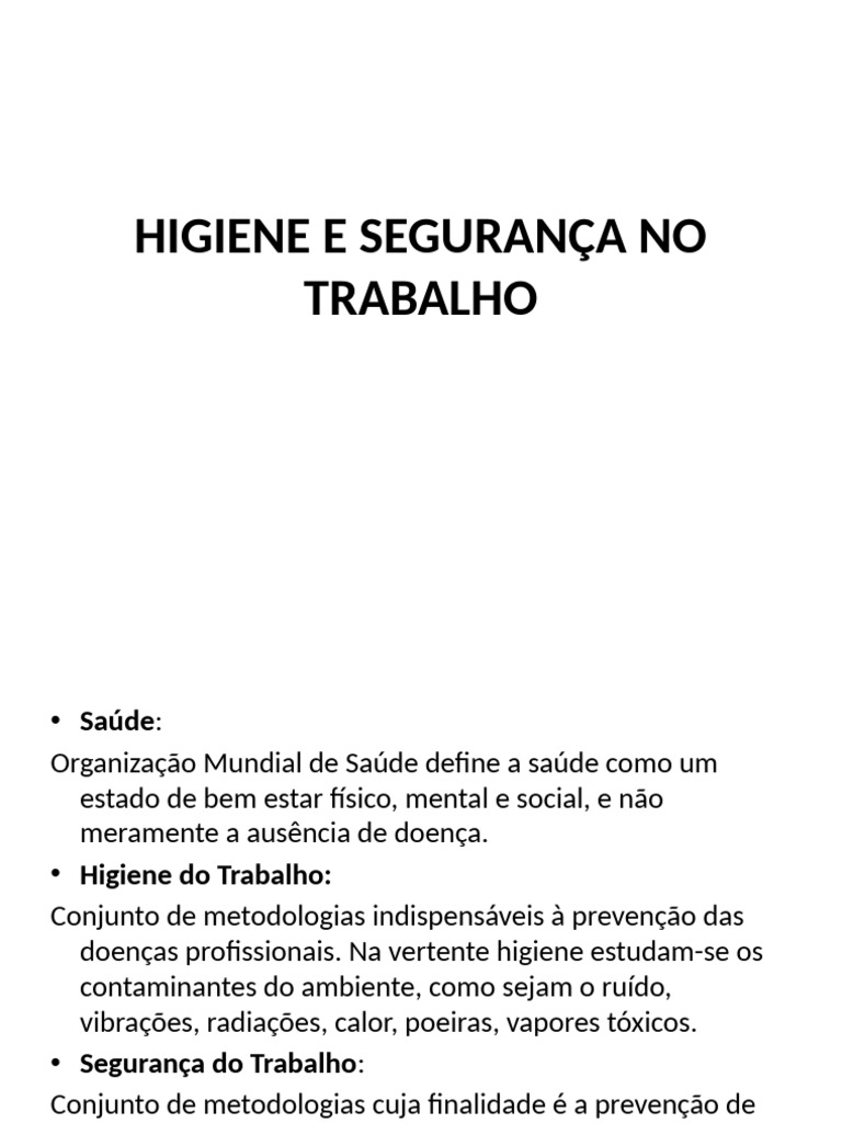 Higiene e Segurança no Trabalho: Guia Completo | PDF
