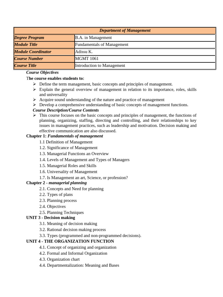 Management Course Outline | PDF | Concept | Decision Making
