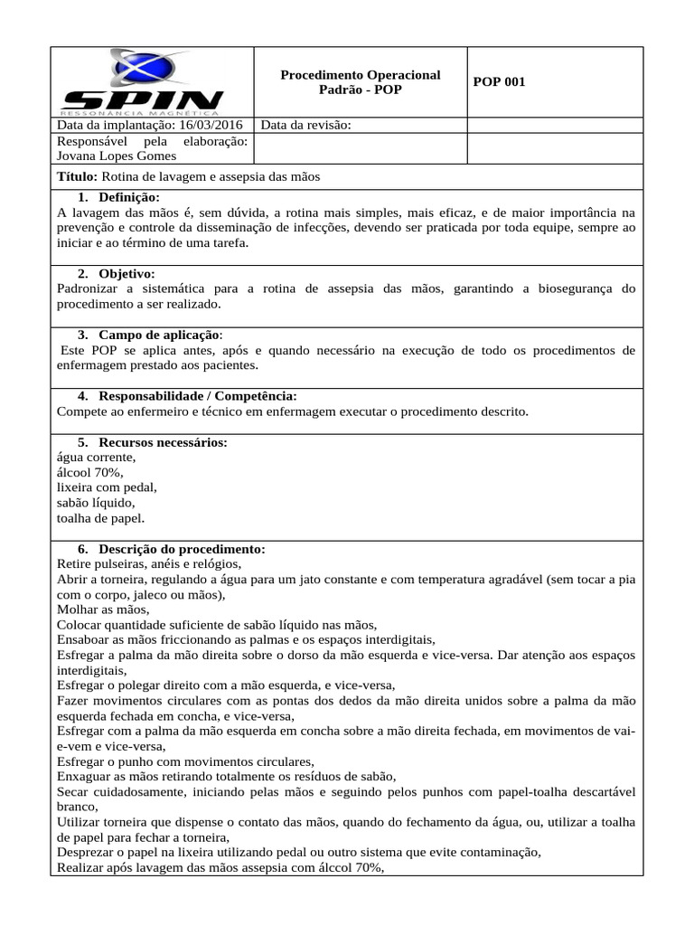 Procedimento Operacional Padrão | PDF | Enfermagem | Veia