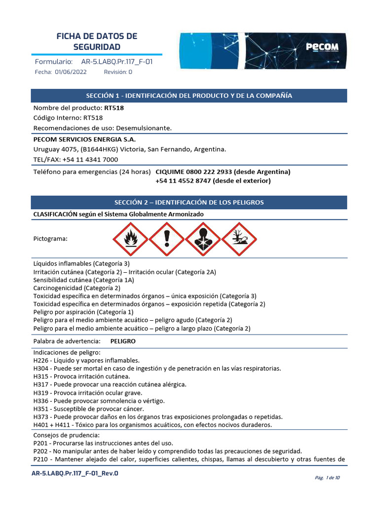 Ficha de Seguridad del Desemulsionante RT518 | PDF | Agua | Combustión