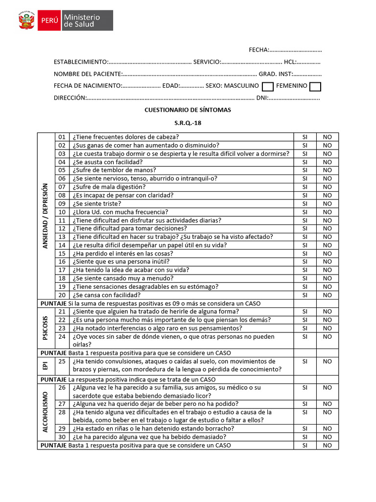 SRQ-18 AC | PDF | Enfermedades y trastornos | Enfermedades y trastornos humanos