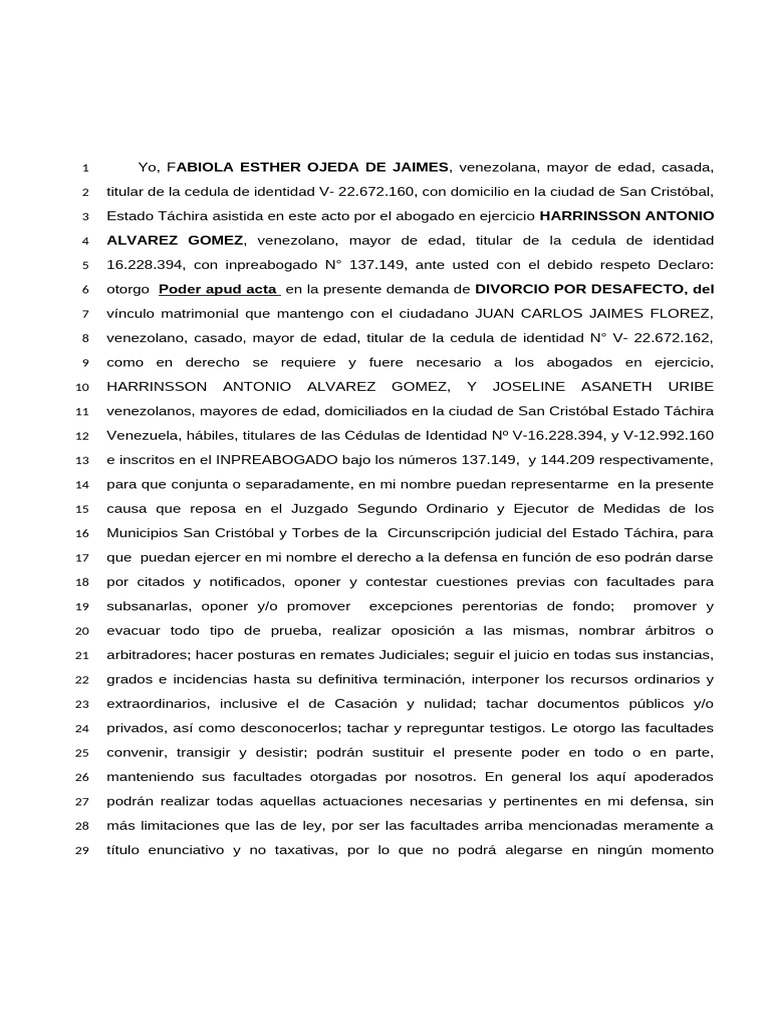Poder Apud Acta Divorcio Por Desafecto | PDF | Venezuela | Divorcio