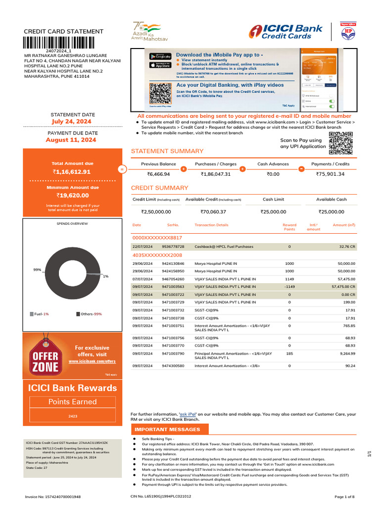 ICICI Bank Credit Card Statement Summary | PDF | Credit Card | Payments