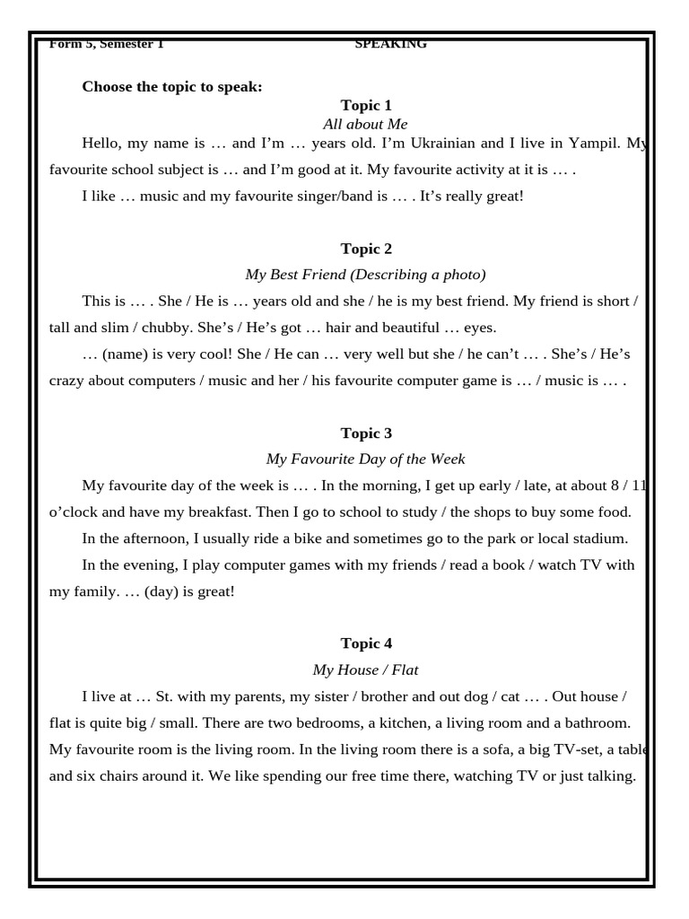 Test (Speaking, 1 Sem.) Form 5 | PDF