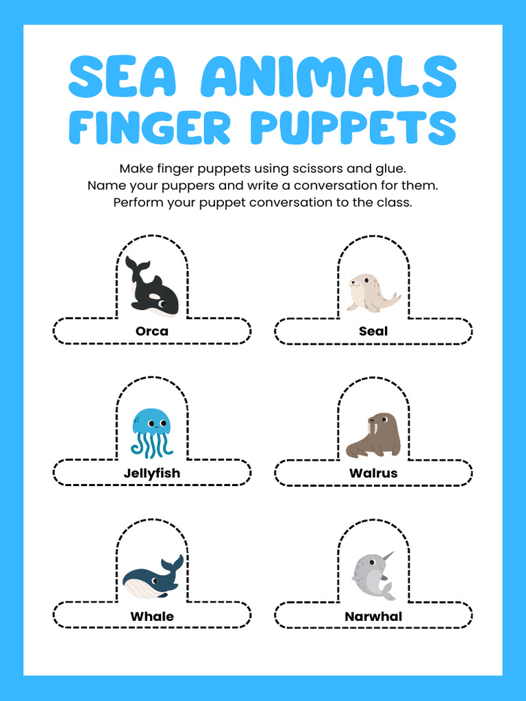 Sea Animals Blue White English Finger Puppets Sheet | PDF