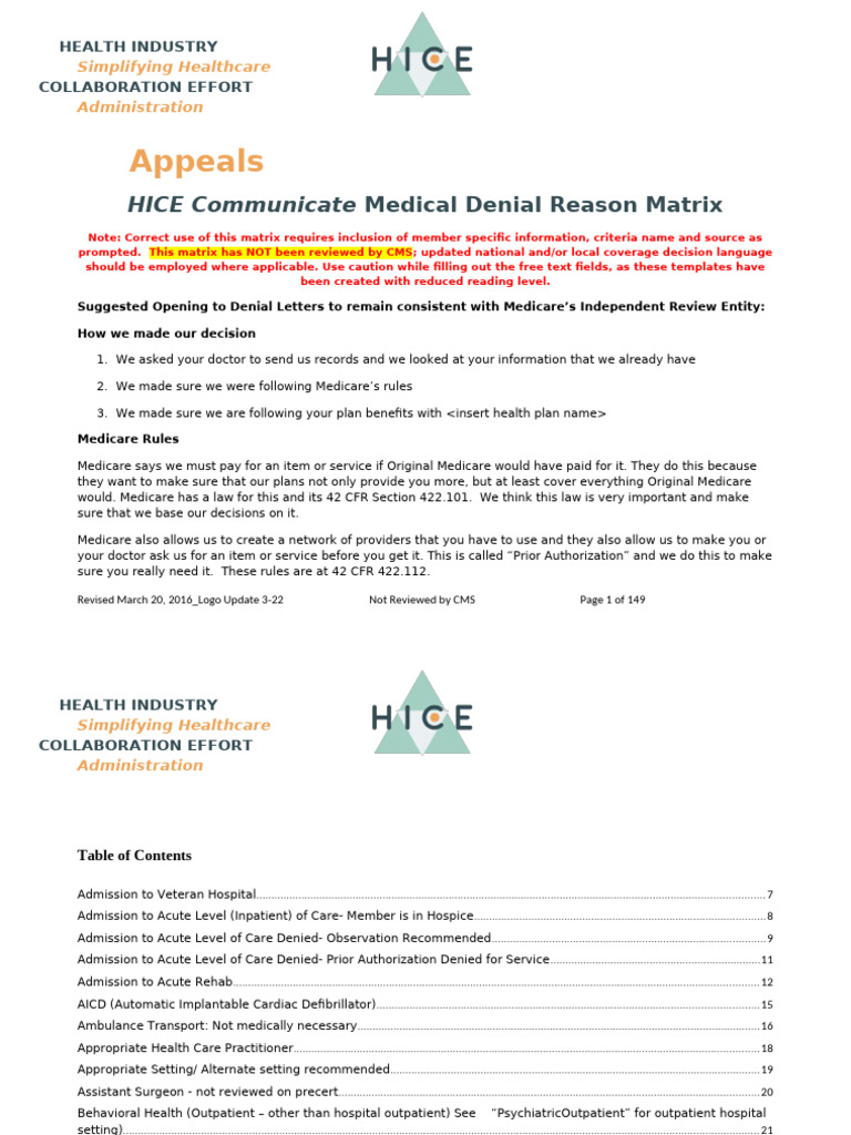 HICE AG Medical Denial Reason Matrix Final Rev 2022 Logo Update | PDF ...