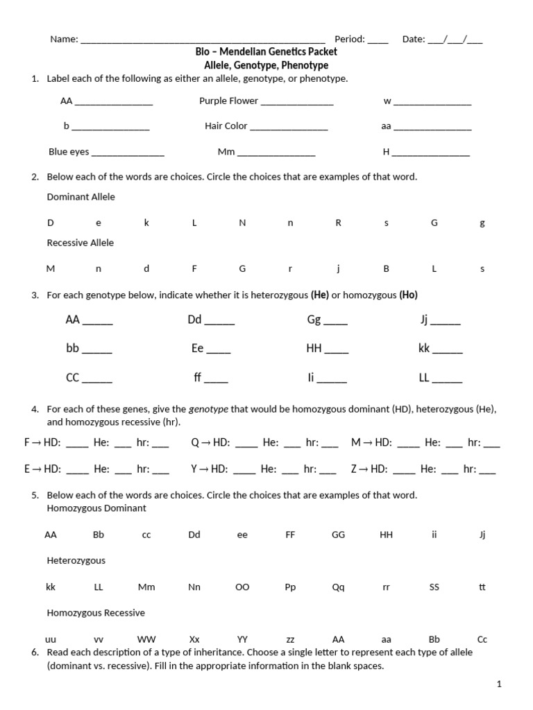 Mendelian Genetics Worksheet | PDF | Dominance (Genetics) | Genotype