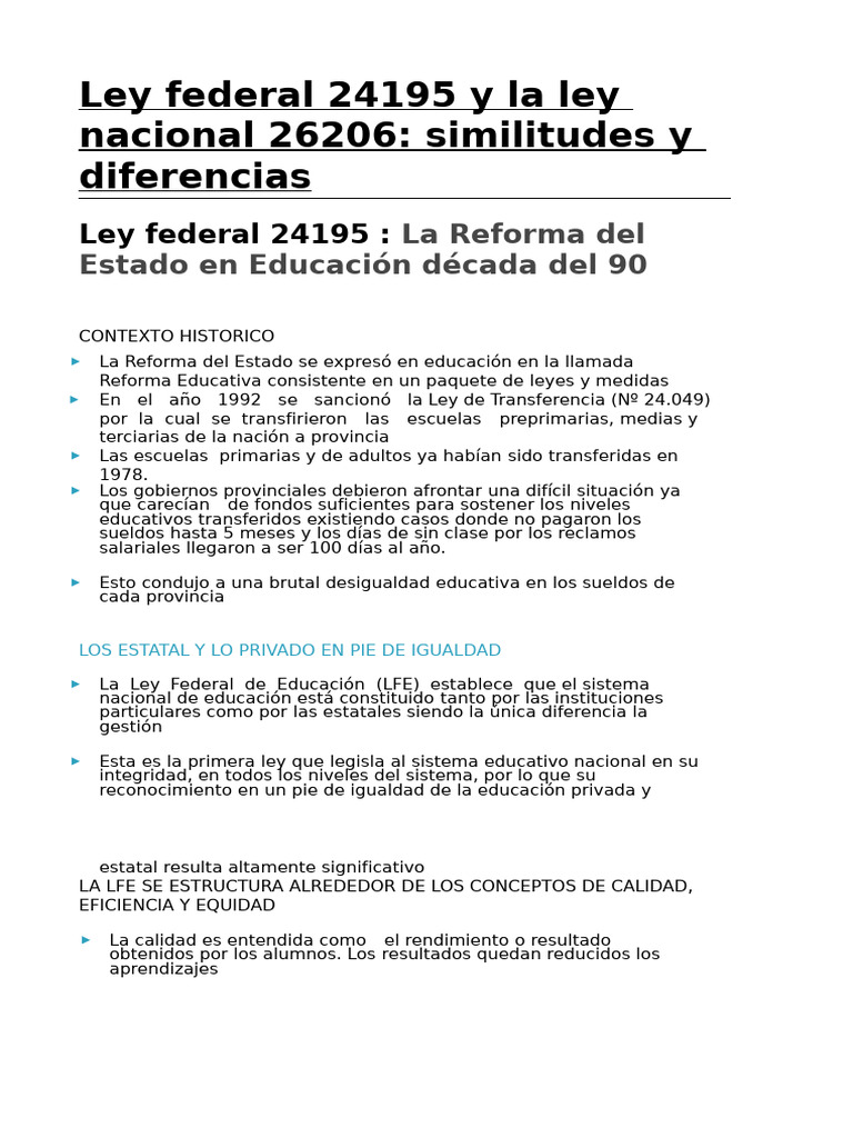 Similitudes y Diferencias Ley 24195 y 26206 | PDF