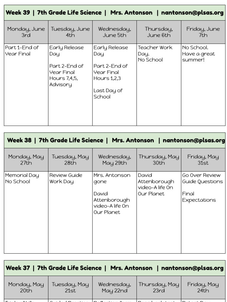 7th Grade Life Science Weekly Schedule 2023-2024 | PDF | Cell (Biology ...