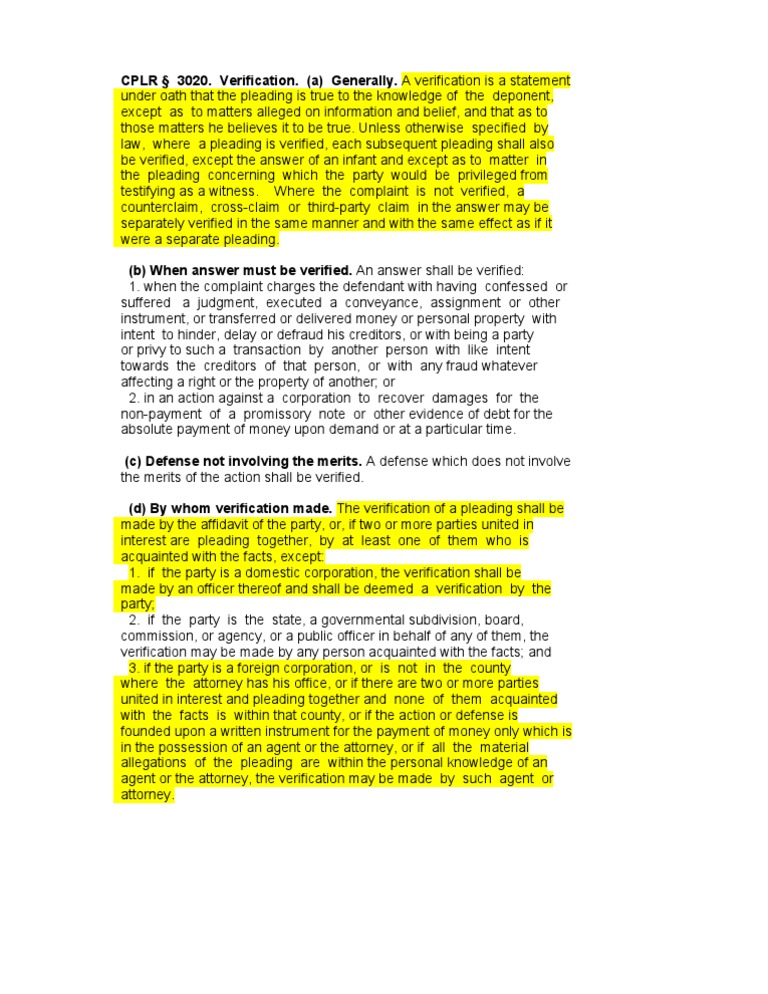 CPLR 3020-Verification | PDF | Pleading | Lawyer