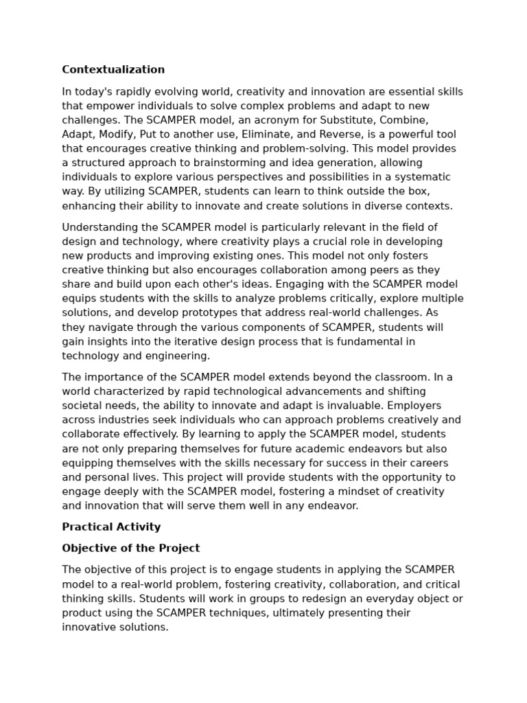 SCAMPER MODEL Contextualization | PDF | Creativity | Brainstorming