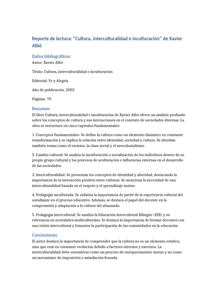 Reporte Lectura Xavier Albo | PDF | Sociedad | Interculturalidad