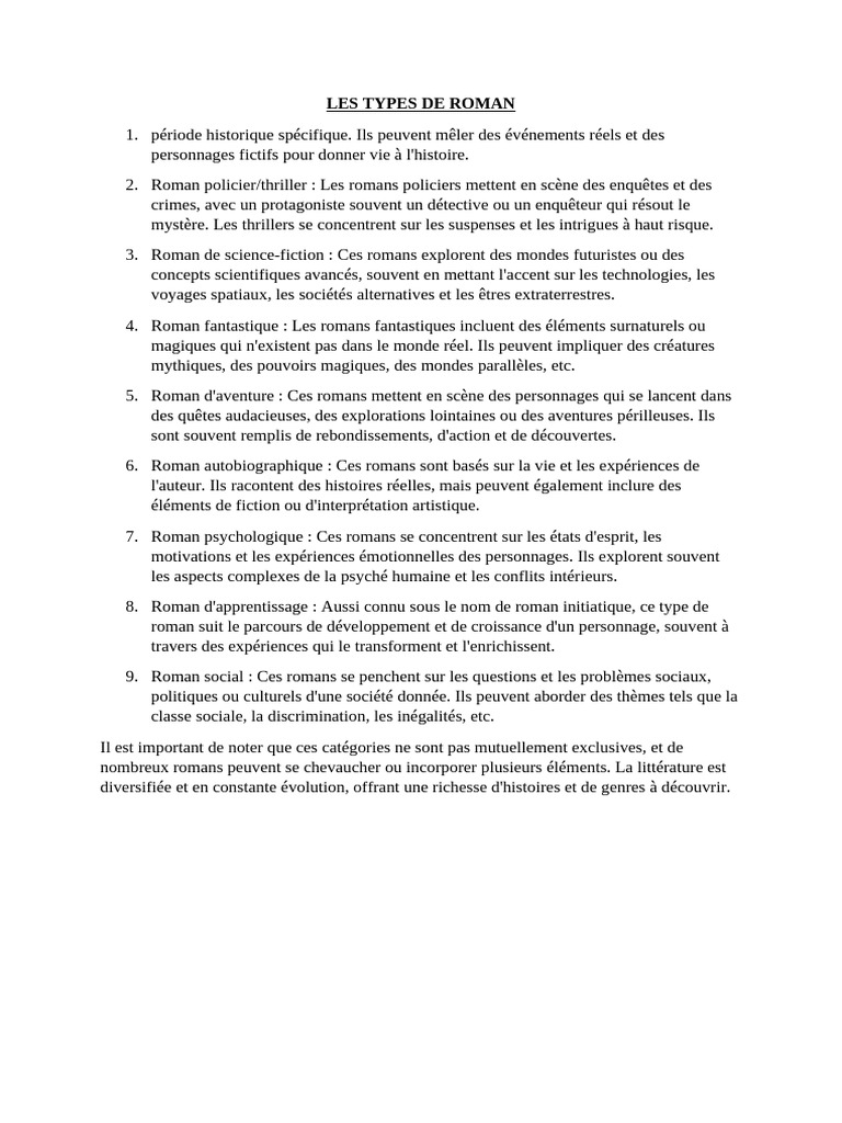 Types de romans et leurs caractéristiques | PDF