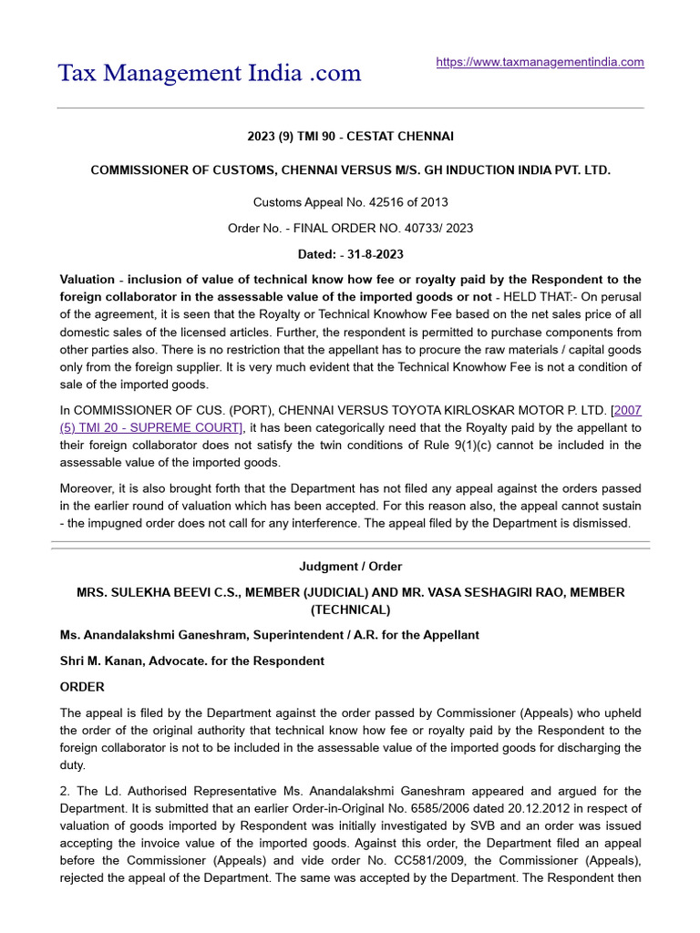 2023 (9) TMI 90 - AT - Commissioner of Customs Chennai Versus M_s GH Induction India Pvt Ltd ...
