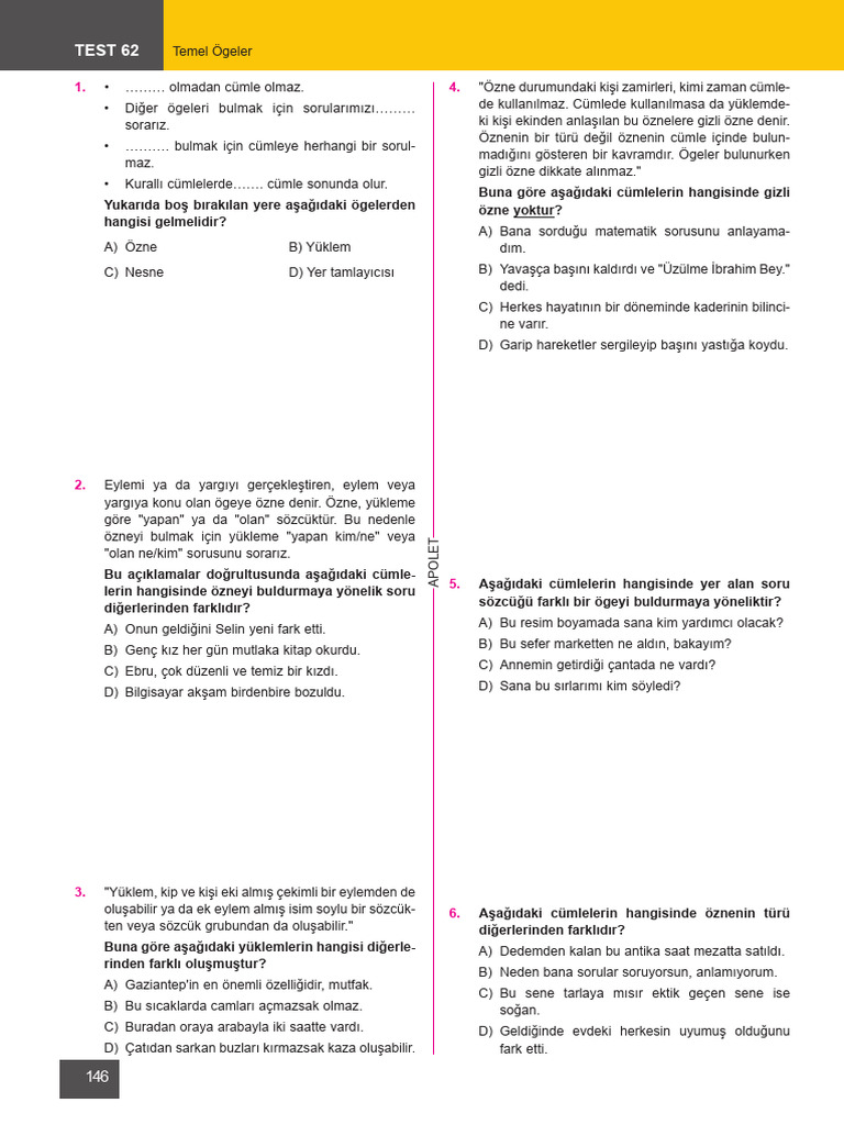 Apolet Yayinlari 8.sinif 15.hafta Türkçe Ödevi̇ Test 62-63-64 - 091331 ...