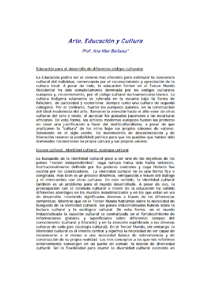 Ana Mae Barbosa - Arte, Cultura y Educacion | PDF