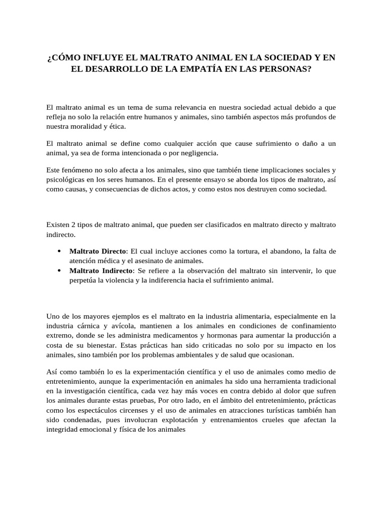 Ensayo Sobre El Maltrato Animal | PDF | Abuso infantil | Violencia
