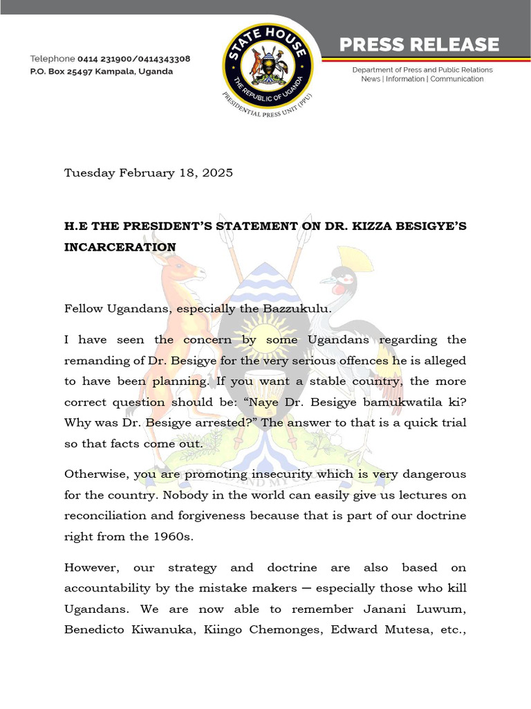 Ppu - H.E The President's Statement On Dr. Kizza Besigye's Incarceration | PDF | Uganda