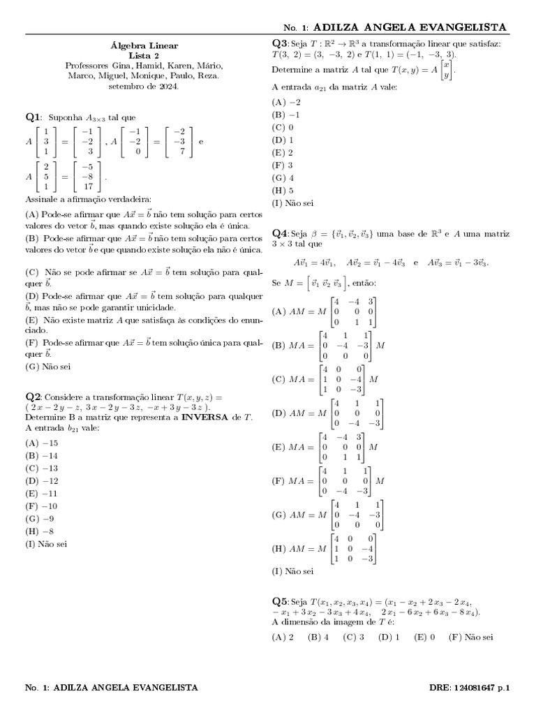 Exercícios de Álgebra Linear e Transformações | PDF | Física Matemática ...