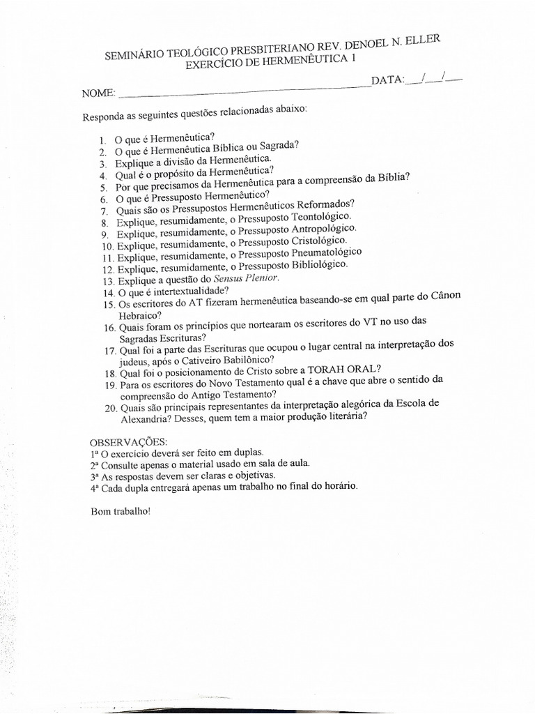 Questionario Avaliativo Hermenêutica | PDF