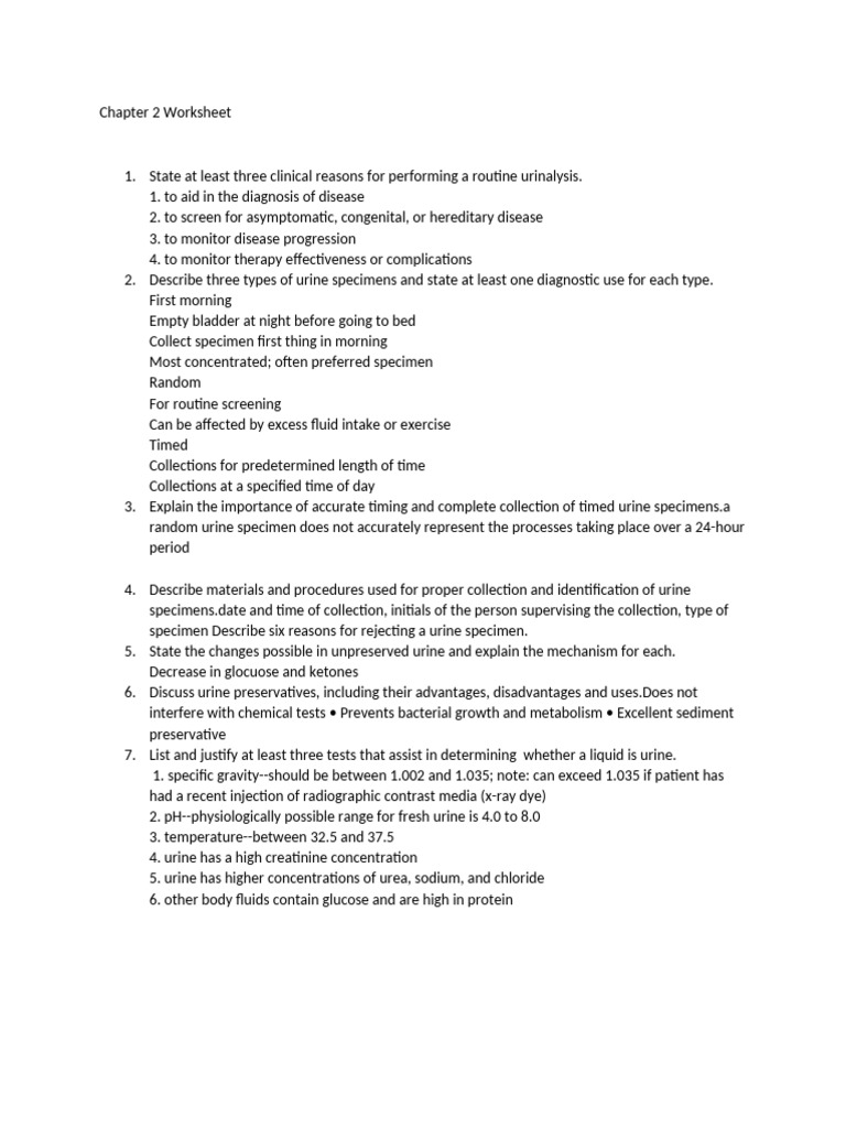 Chapter 2 - Urine Specimen Types, Collection and Preservation Worksheet ...