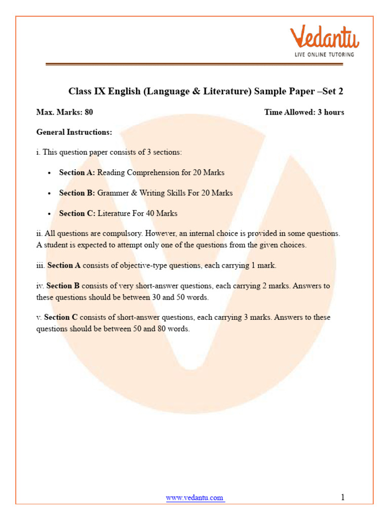CBSE Class 9 English (Language & Literature) FREE Sample Paper Set 2 ...