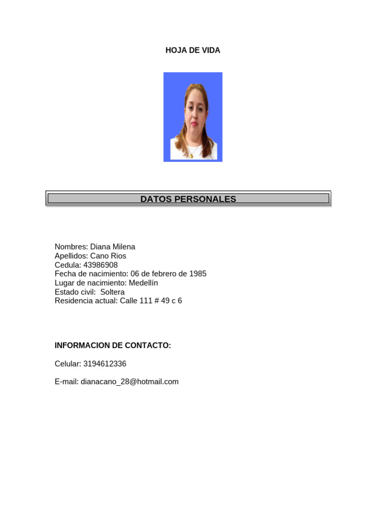 HOJA DE VIDA DE DIANA MILENA CANO RIOS | PDF
