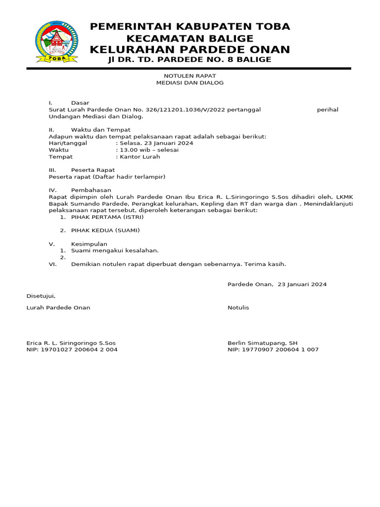 Notulen Mediasi Rapat Pardede Onan | PDF
