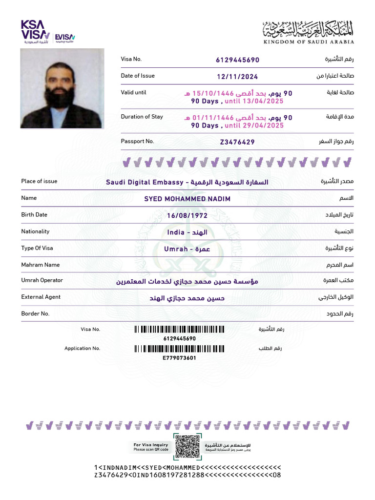 Saudi Umrah Visa Details for Syed Nadim | PDF