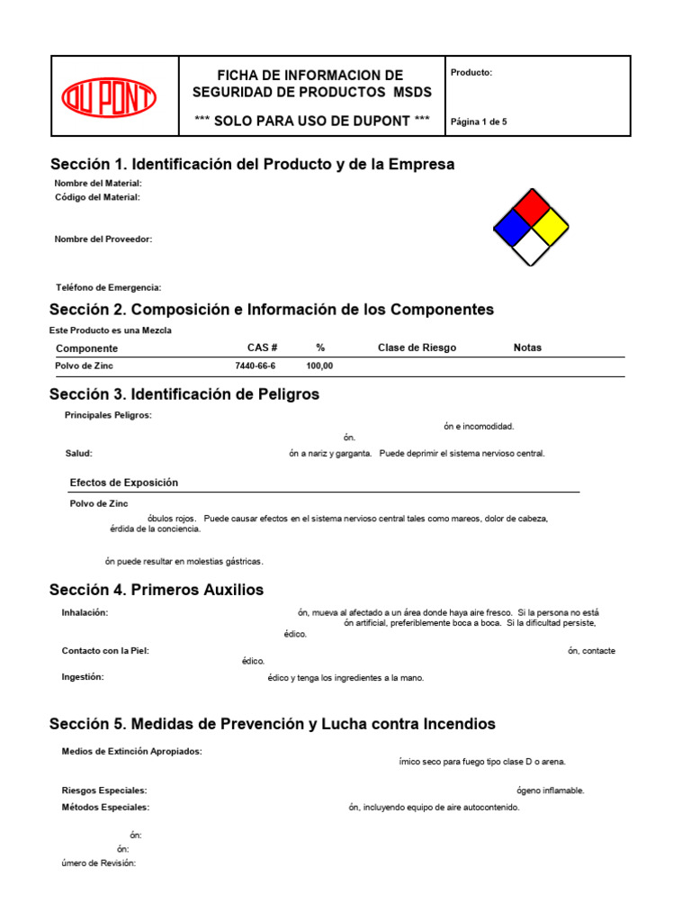 MSDS Polvo de Zinc 347000912-05 | PDF | Hidrógeno | Agua