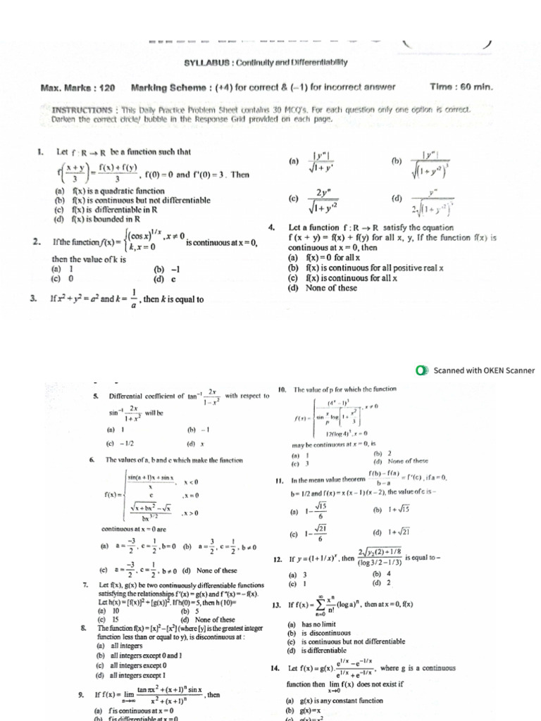 Continuity and Differentiability Assignment Mains Level JR Co SC N 120 | PDF