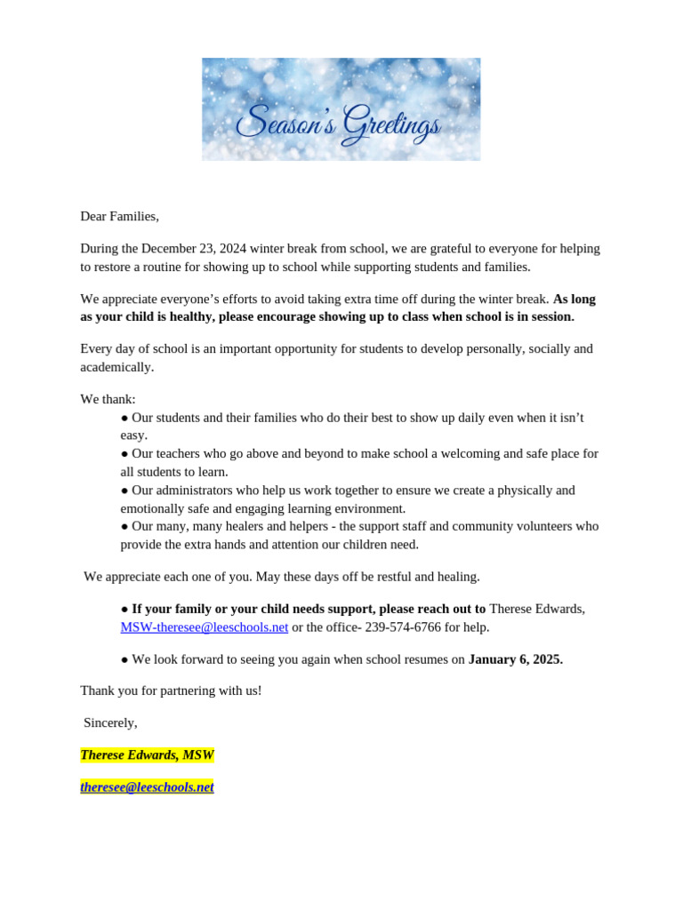 Winter Break School Attendance Reminder | PDF