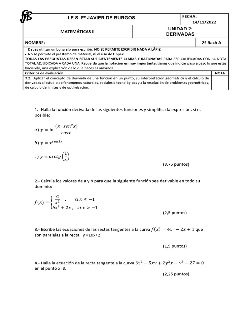 Ex. Tema Derivadas 2º Bach A | PDF