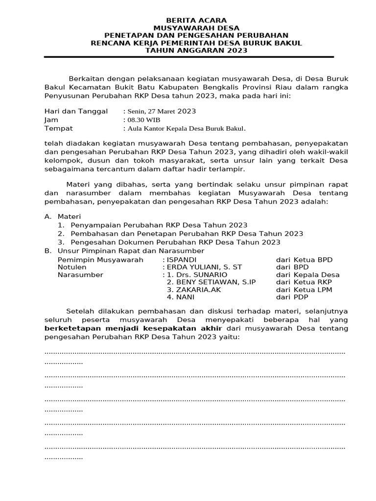 Berita Acara Perubahan Rkpdes 2023 | PDF
