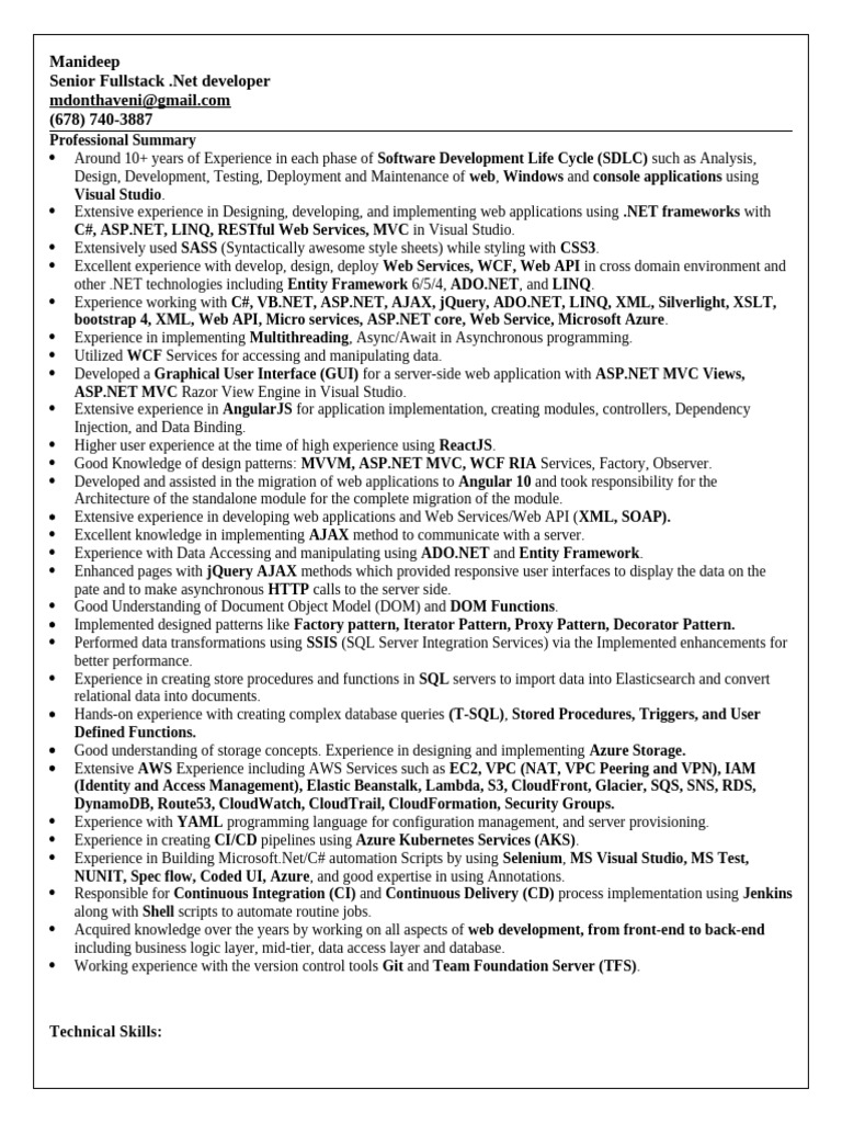 Senior Fullstack .NET Developer Resume | PDF | J Query | Microsoft Sql ...