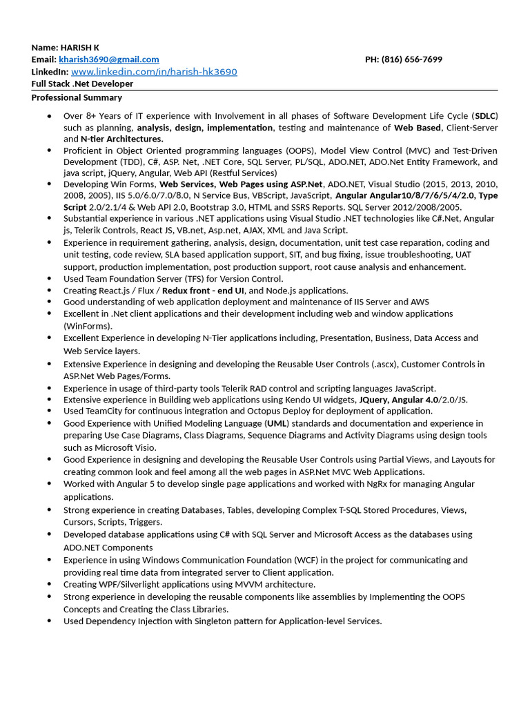 Harish - Full Stack - .Net Developer | PDF | Databases | Entity Framework