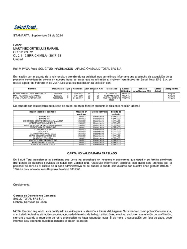 Certificado Eps Salud Total | PDF