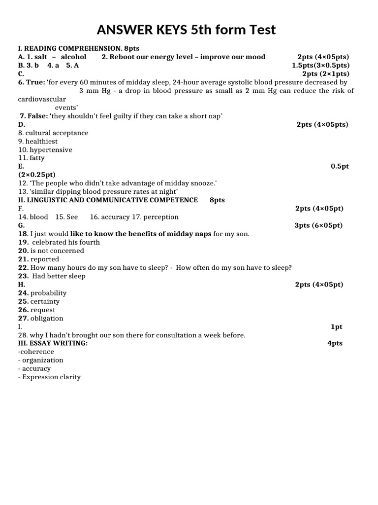 5th Grade Test Answer Key | PDF