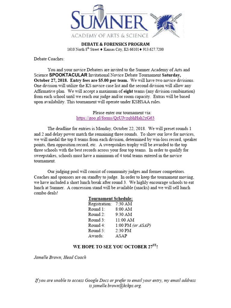 Microsoft Word - 2018 Sumner Academy Novice Tournament Invitation | PDF