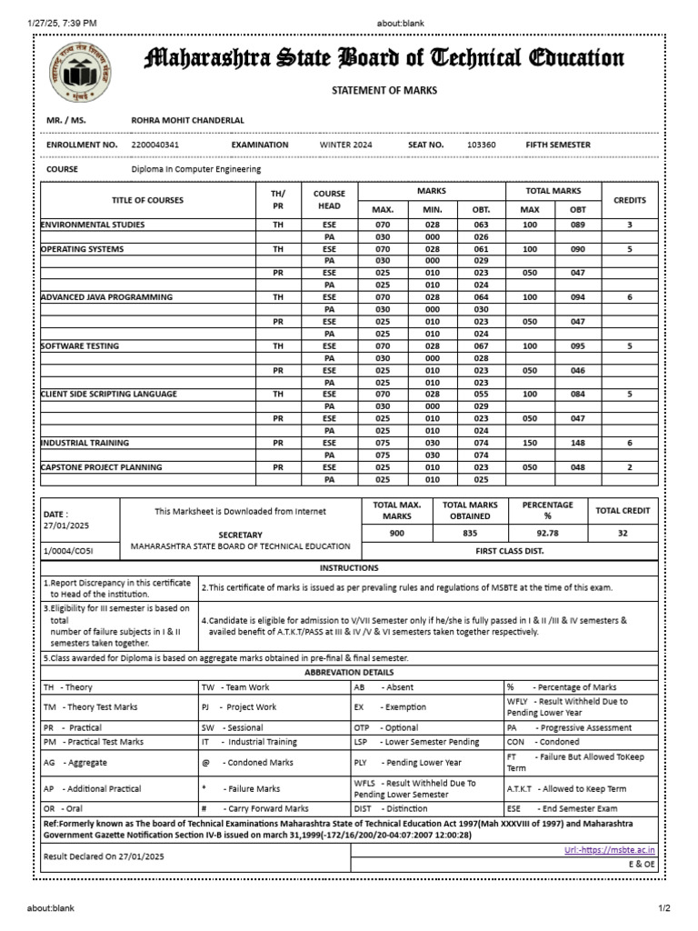 MOHIT 5TH SEM RESULT DIPLOMApdf | PDF | Vocational Education | Educational Stages