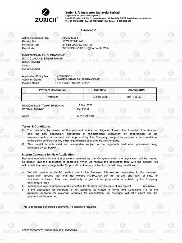 E-Receipt: Payment Description Due Date Amount (RM) | PDF