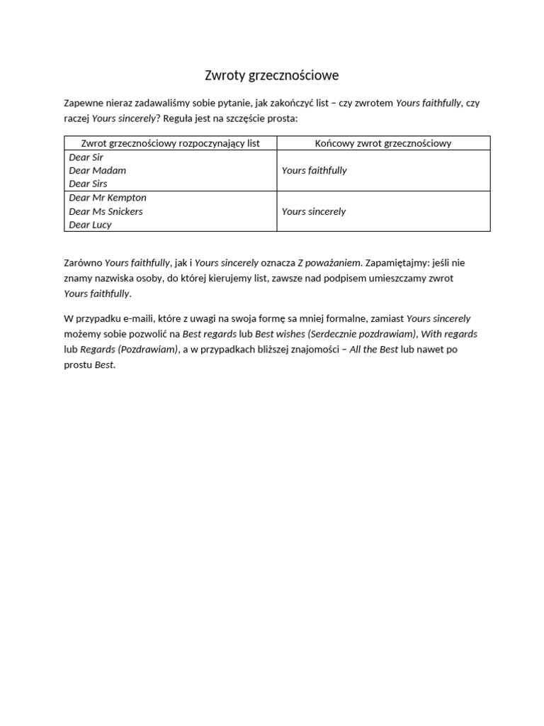 Zwroty Grzecznosciowe List | PDF