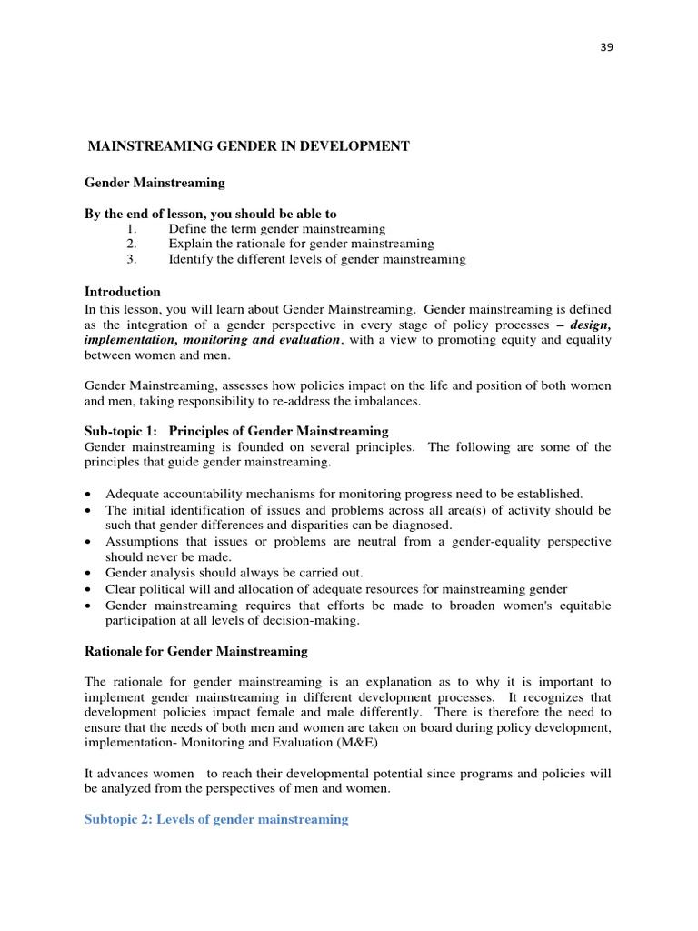 #Lesson 9 Gender Mainstreaming | PDF | Gender Mainstreaming | Gender Analysis