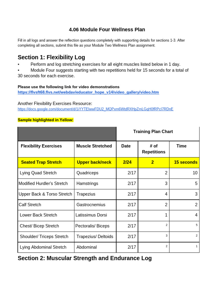 Module Four Wellness Plan | PDF | Musculoskeletal System | Physical Fitness