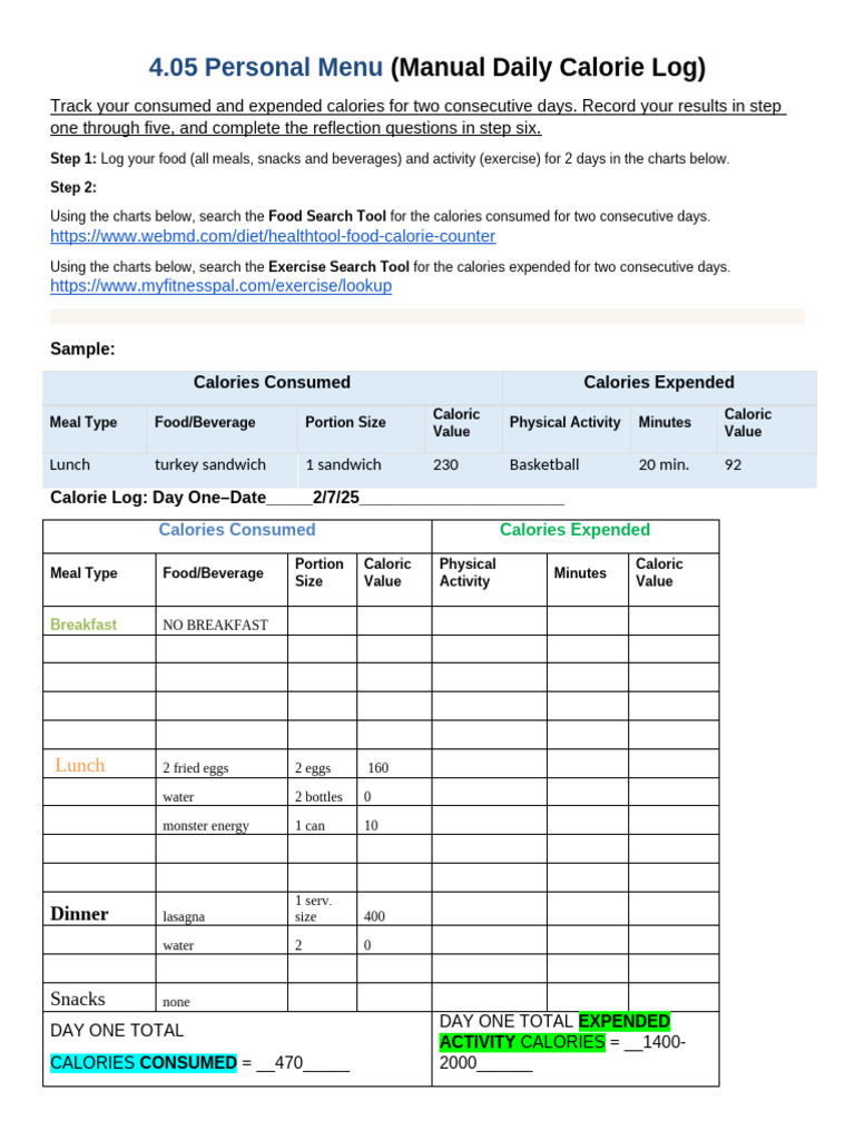 4.05 Personal Menu Manual - Daily - Calorie - Log Worksheet | PDF ...